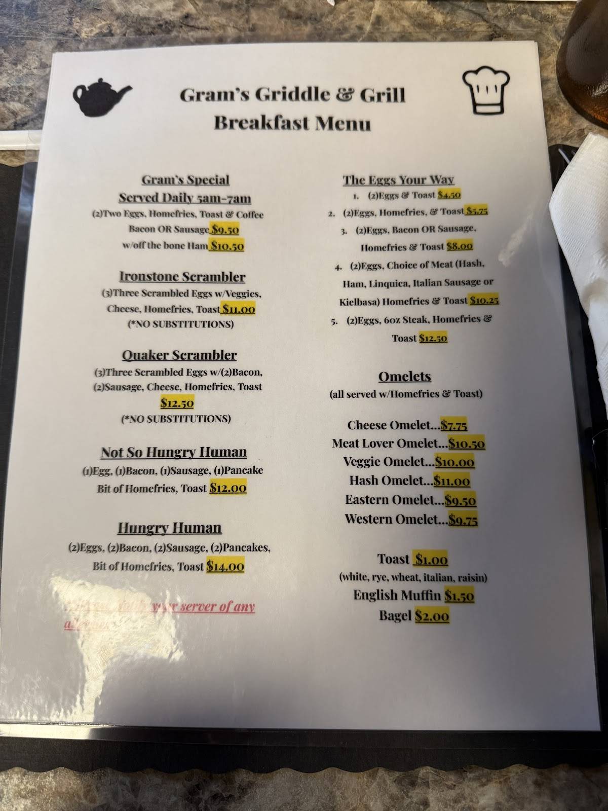 Menu at Gram’s Griddle ‘n Grill restaurant, Uxbridge