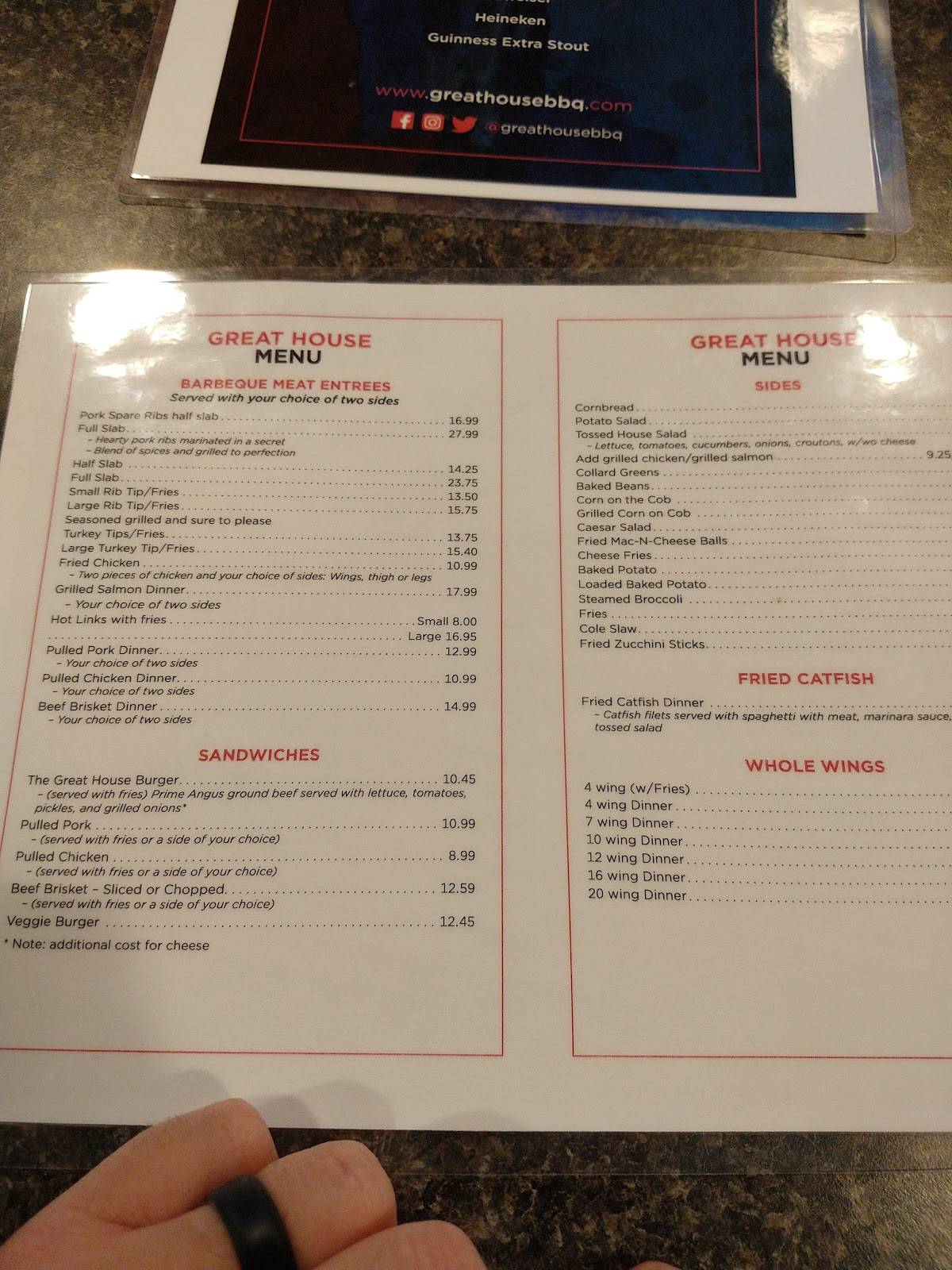 Menu at Great House BBQ, Springfield, 11 W Old State Capitol Plaza