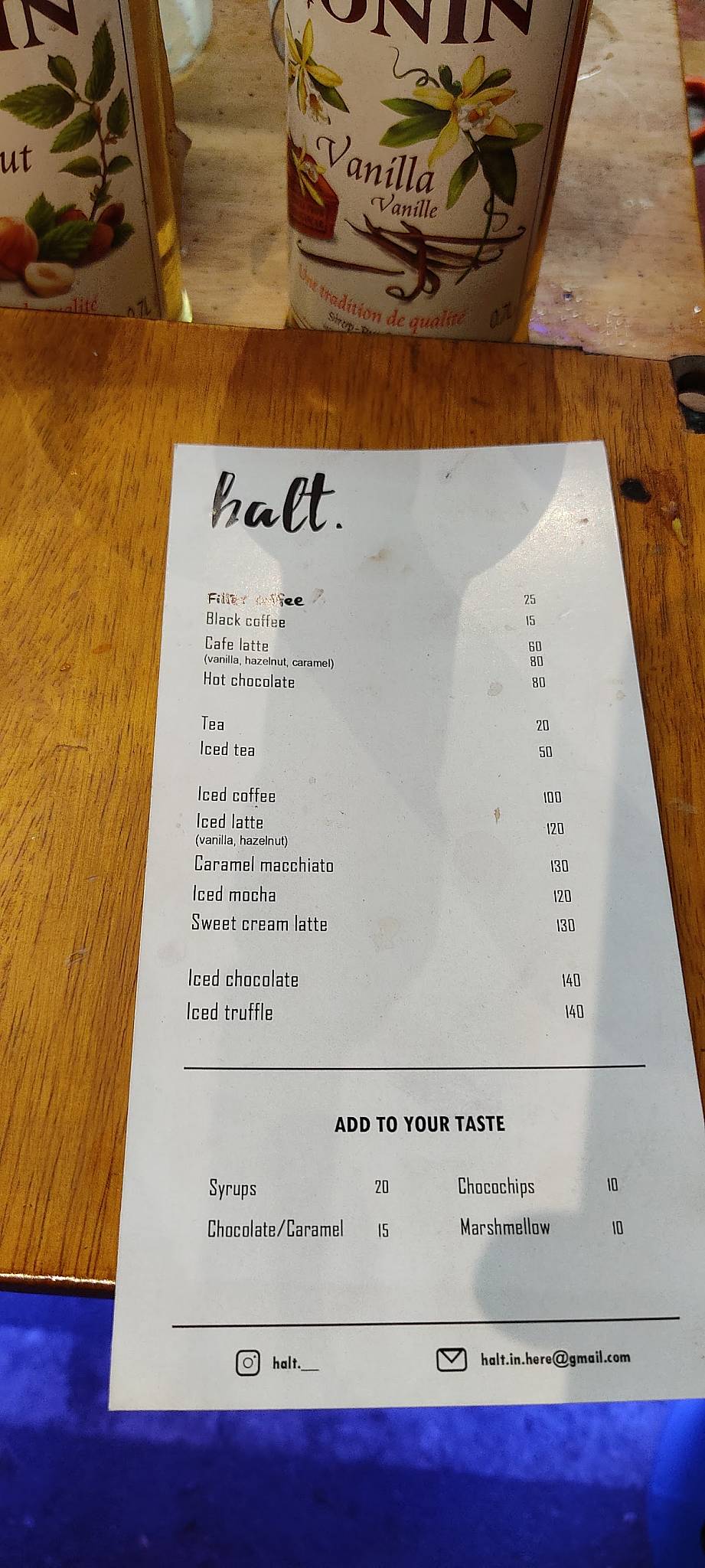 Menu at HALT., Chennai