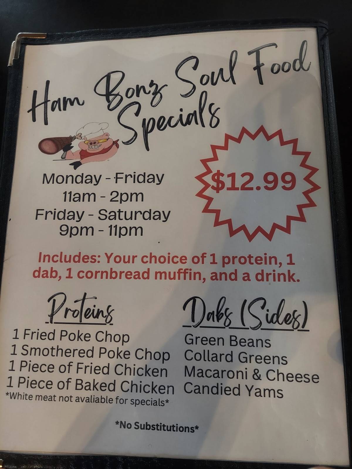 Menu at HAM BONZ Soul Food restaurant, Bastrop