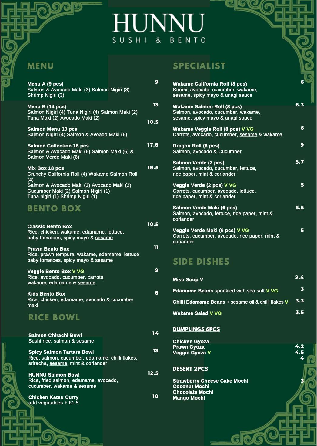 Menu at HUNNU Sushi & Bento restaurant, London