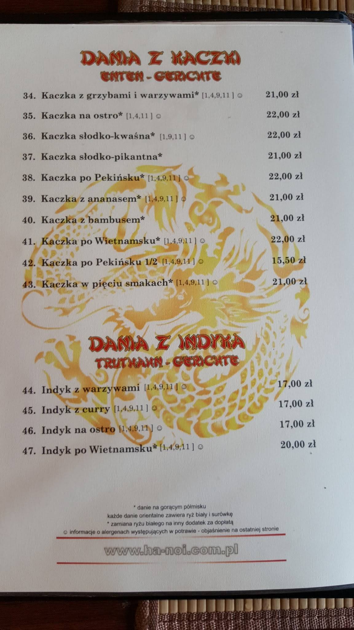 Menu at Ha-Noi u Jacentego restaurant, Boleslawiec