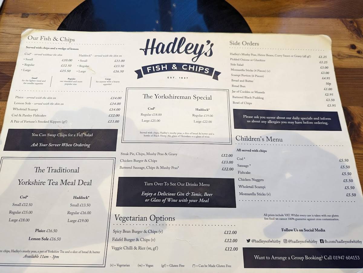 Menu at Hadley's Fish & Chips restaurant, Whitby