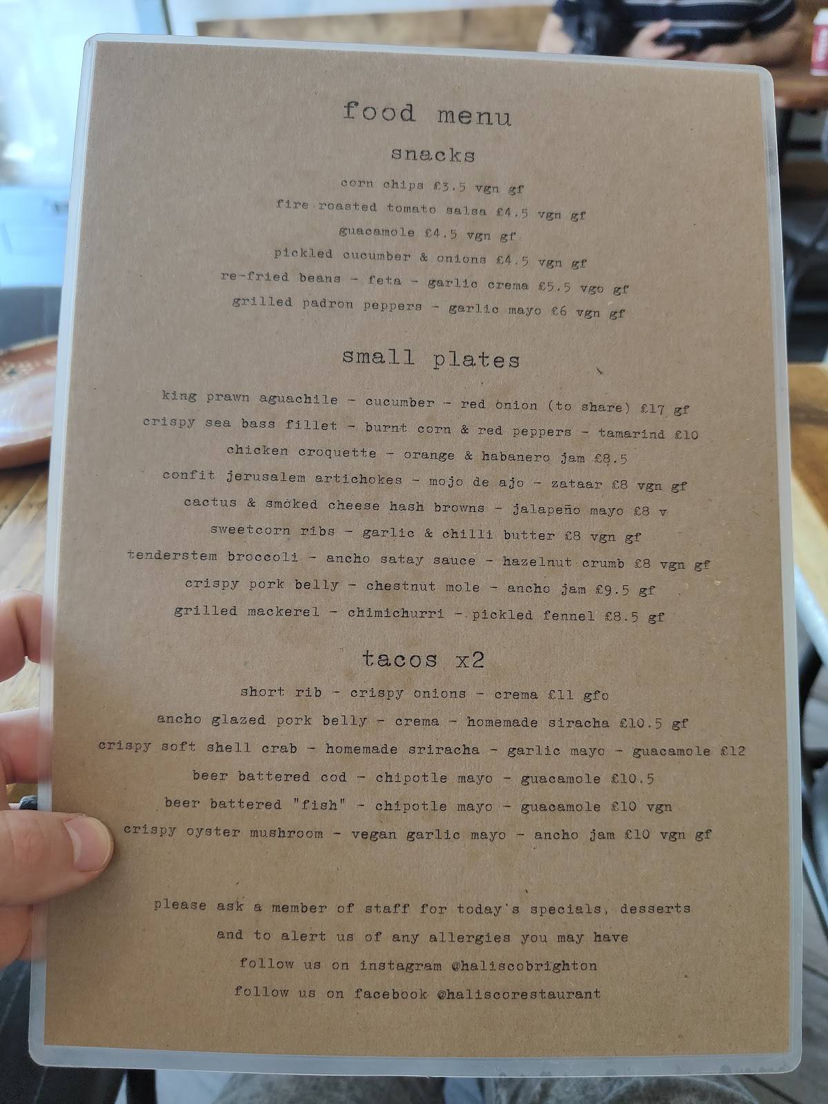 Menu at Halisco restaurant, Brighton