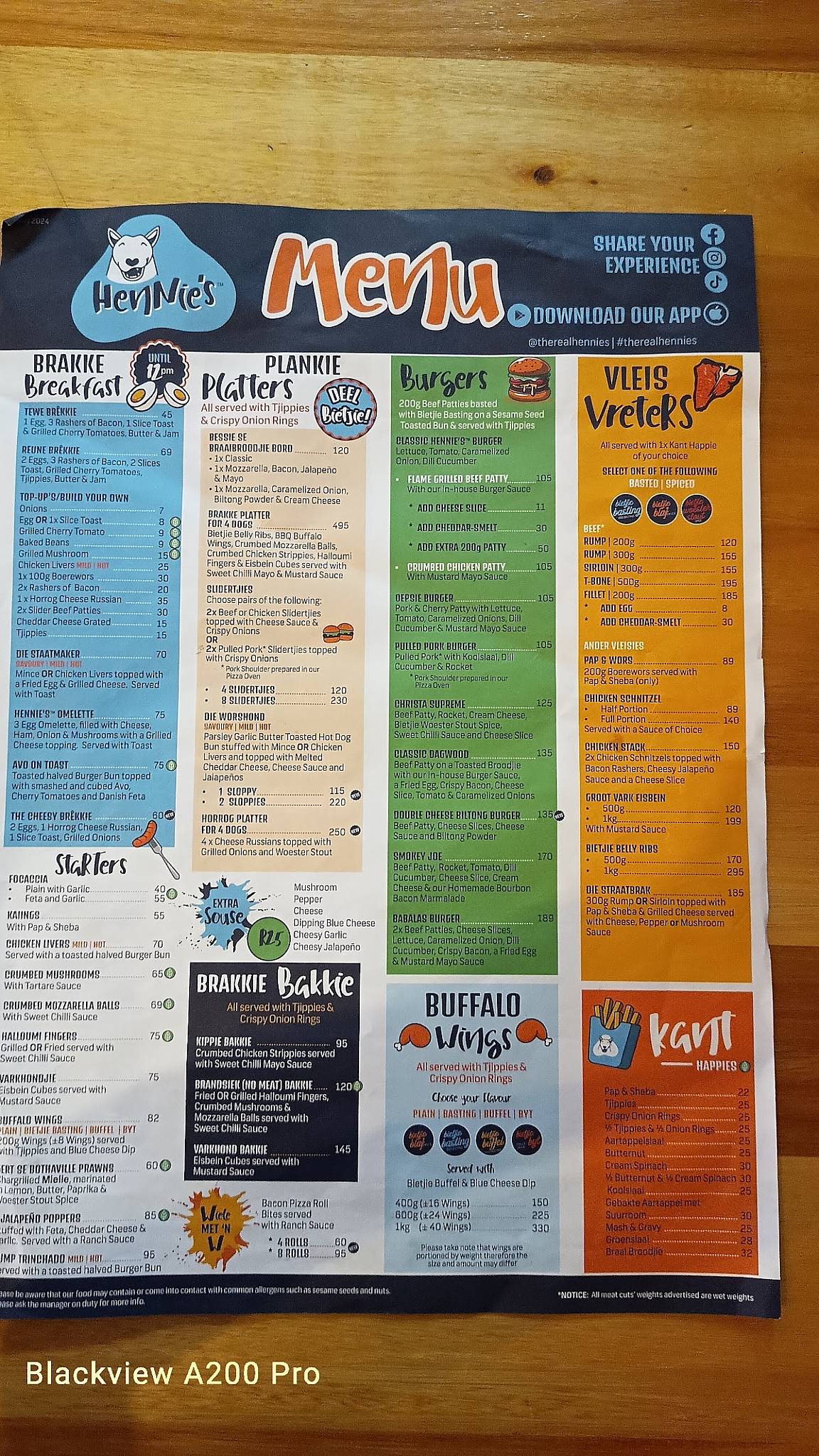Menu au Hennie's Krugersdorp Restaurant, Krugersdorp