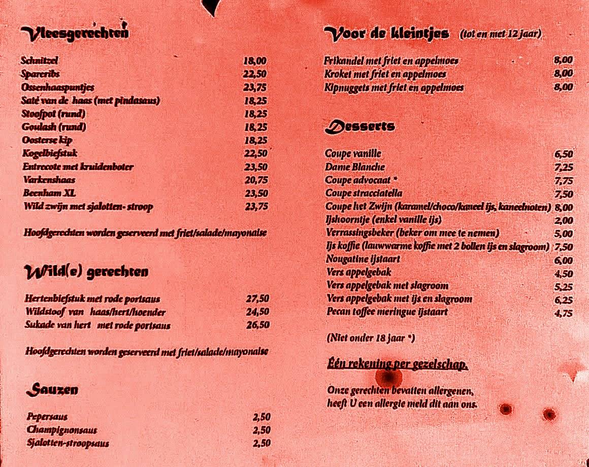 Menu at Herberg in het wilde zwijn restaurant, Bergeijk