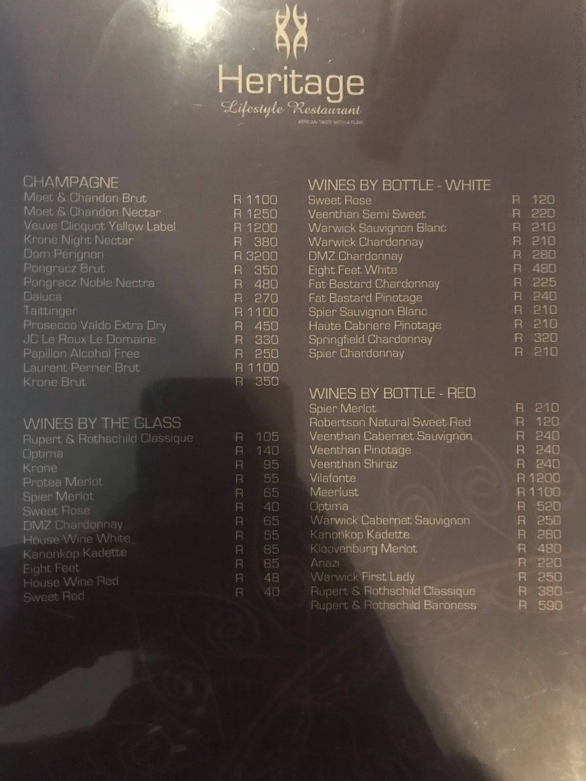 Menu at Heritage Lifestyle Restaurant, Pretoria