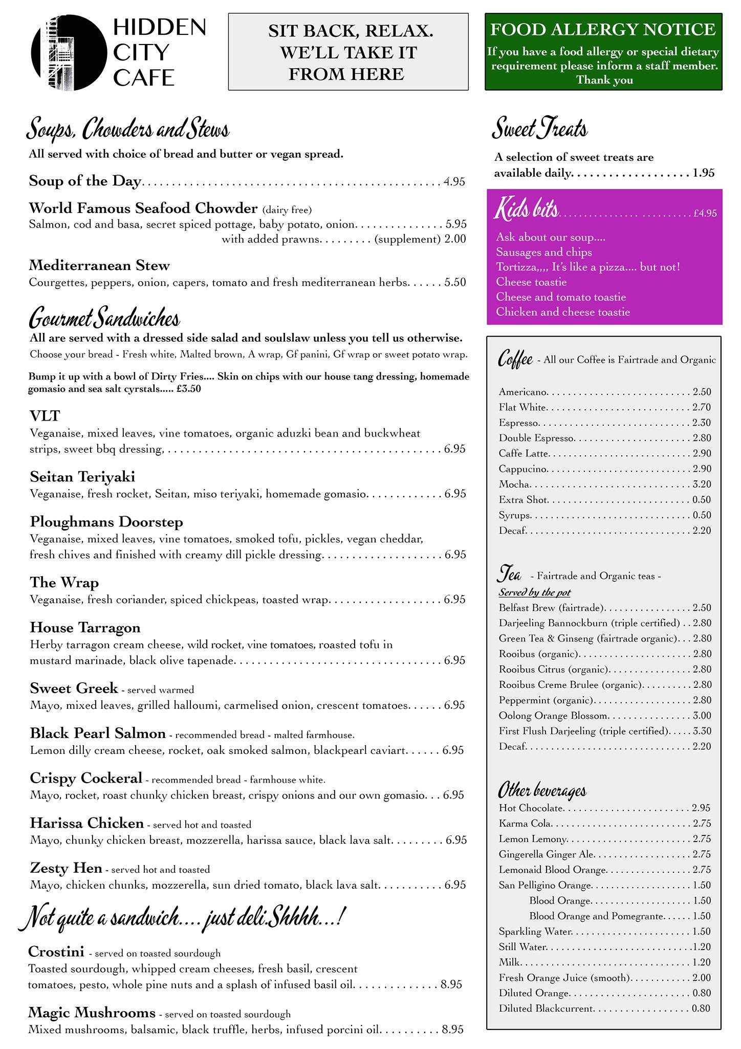 Menu at Hidden City Cafe, Londonderry