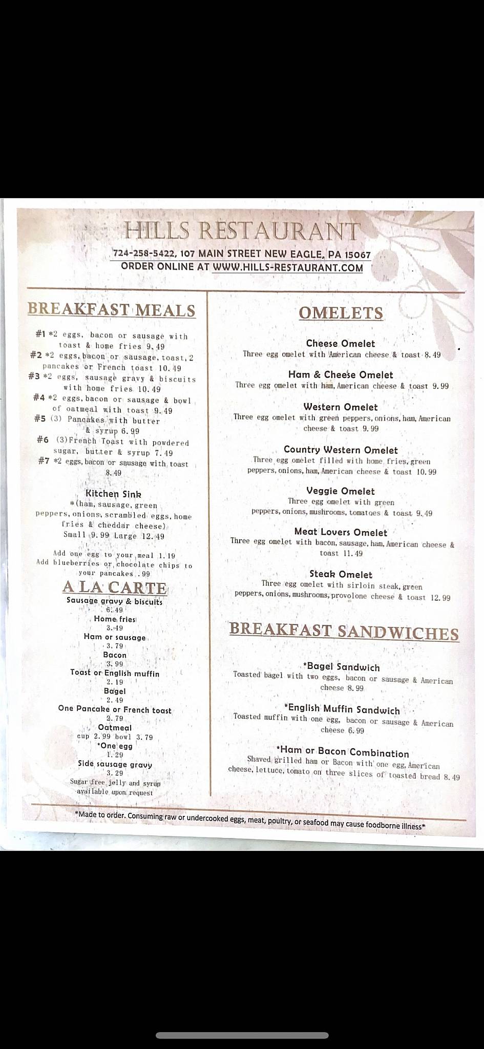 Menu at Hills Restaurant, New Eagle, 107 Main St