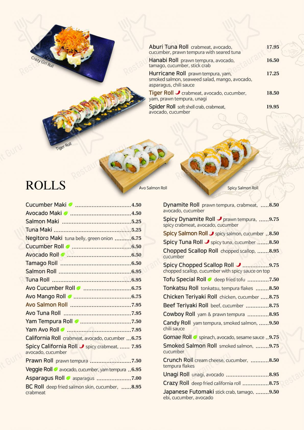 Menu at Himawari Sushi restaurant, Moose Jaw