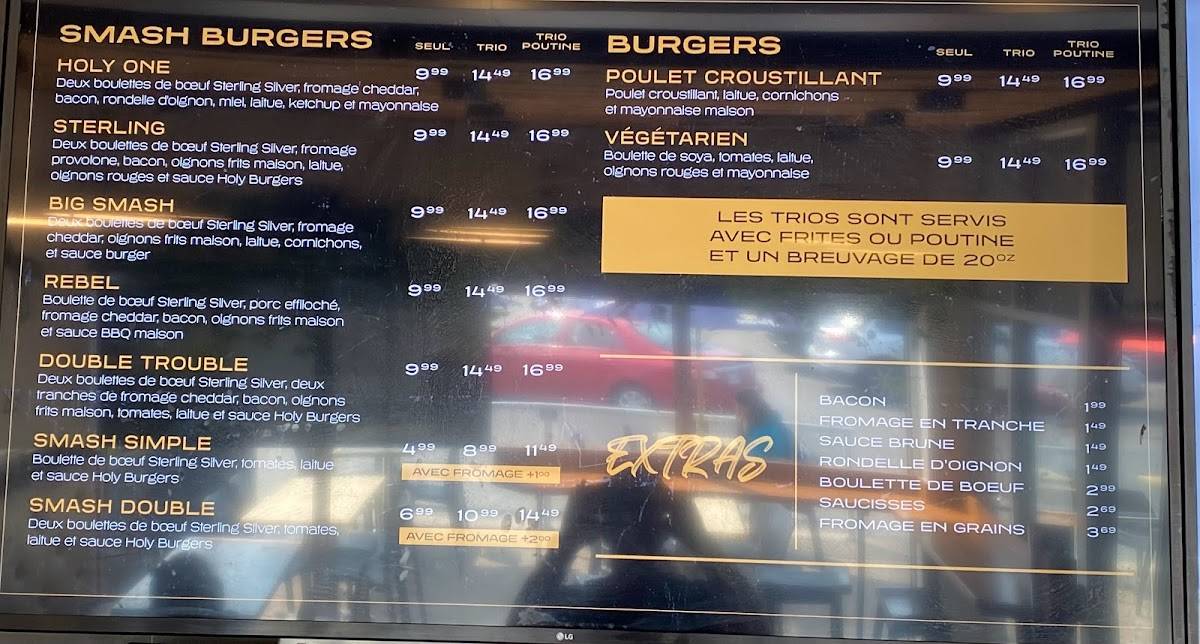 Menu at Holy Burgers restaurant, Québec City