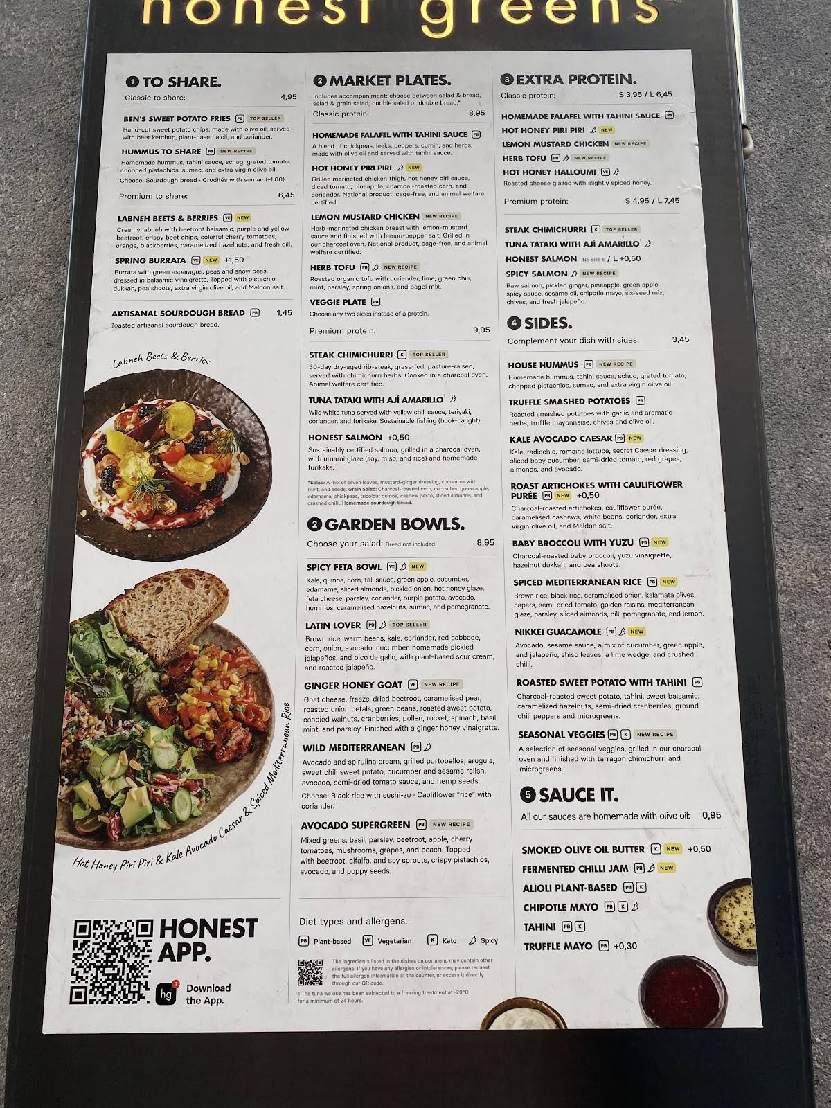 Carta del restaurante Honest Greens, Madrid, Calle De Fuencarral