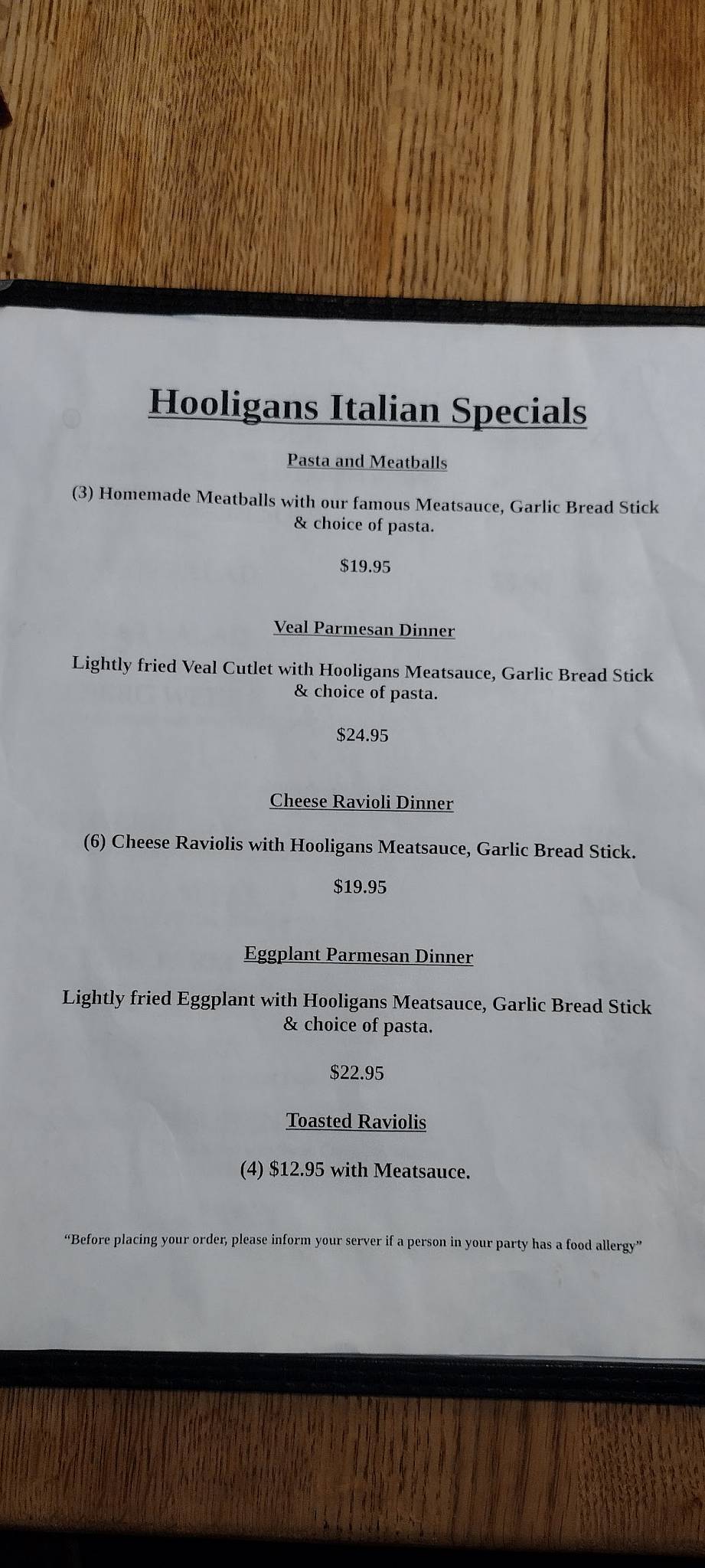Menu at Hooligans Restaurant, Conway