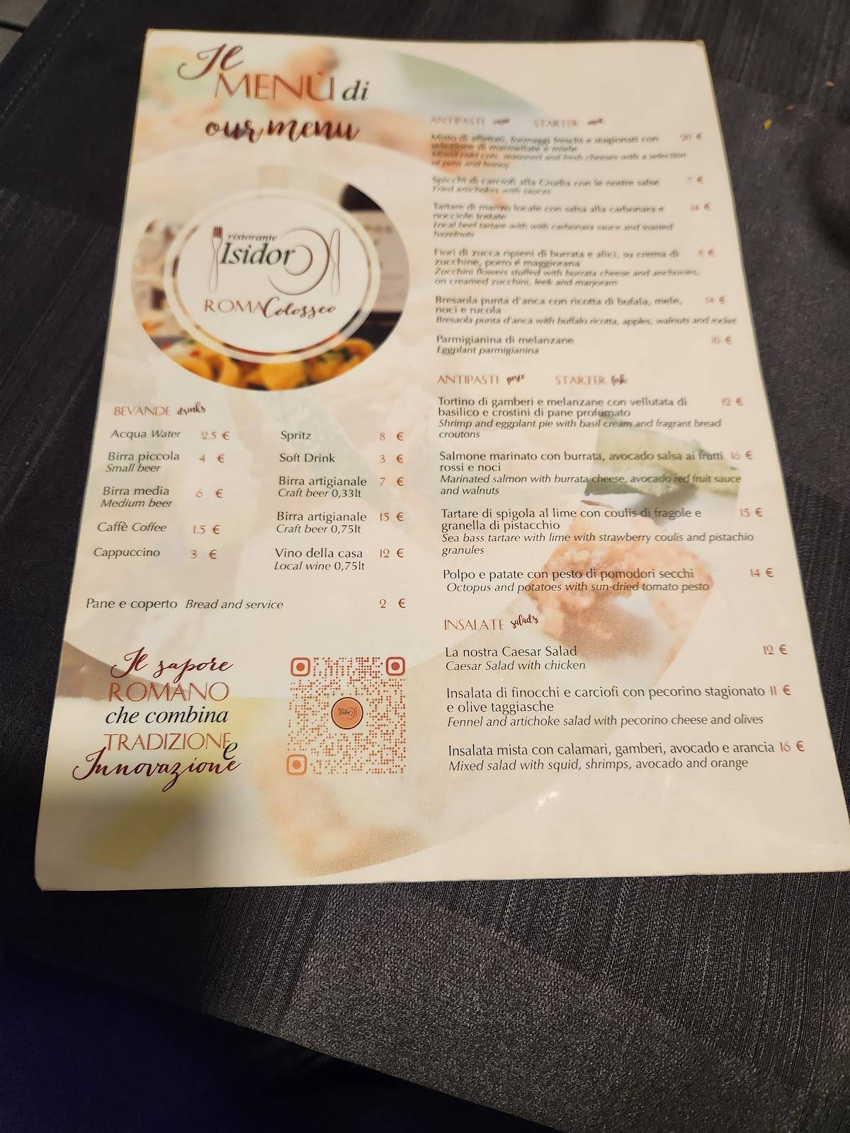 Menu au Hostaria Isidoro restaurant, Rome