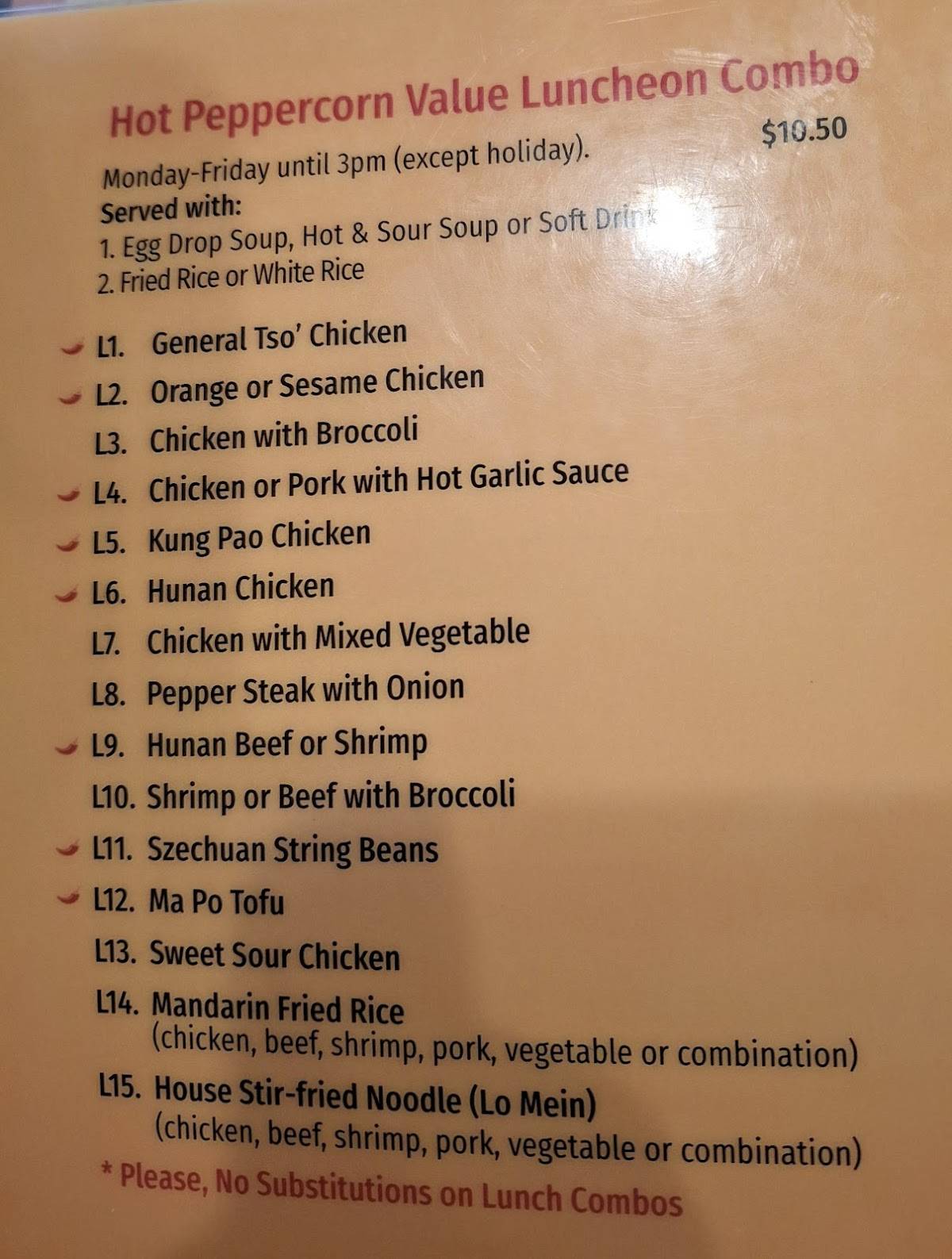 Menu at Hot Peppercorn restaurant, Springfield