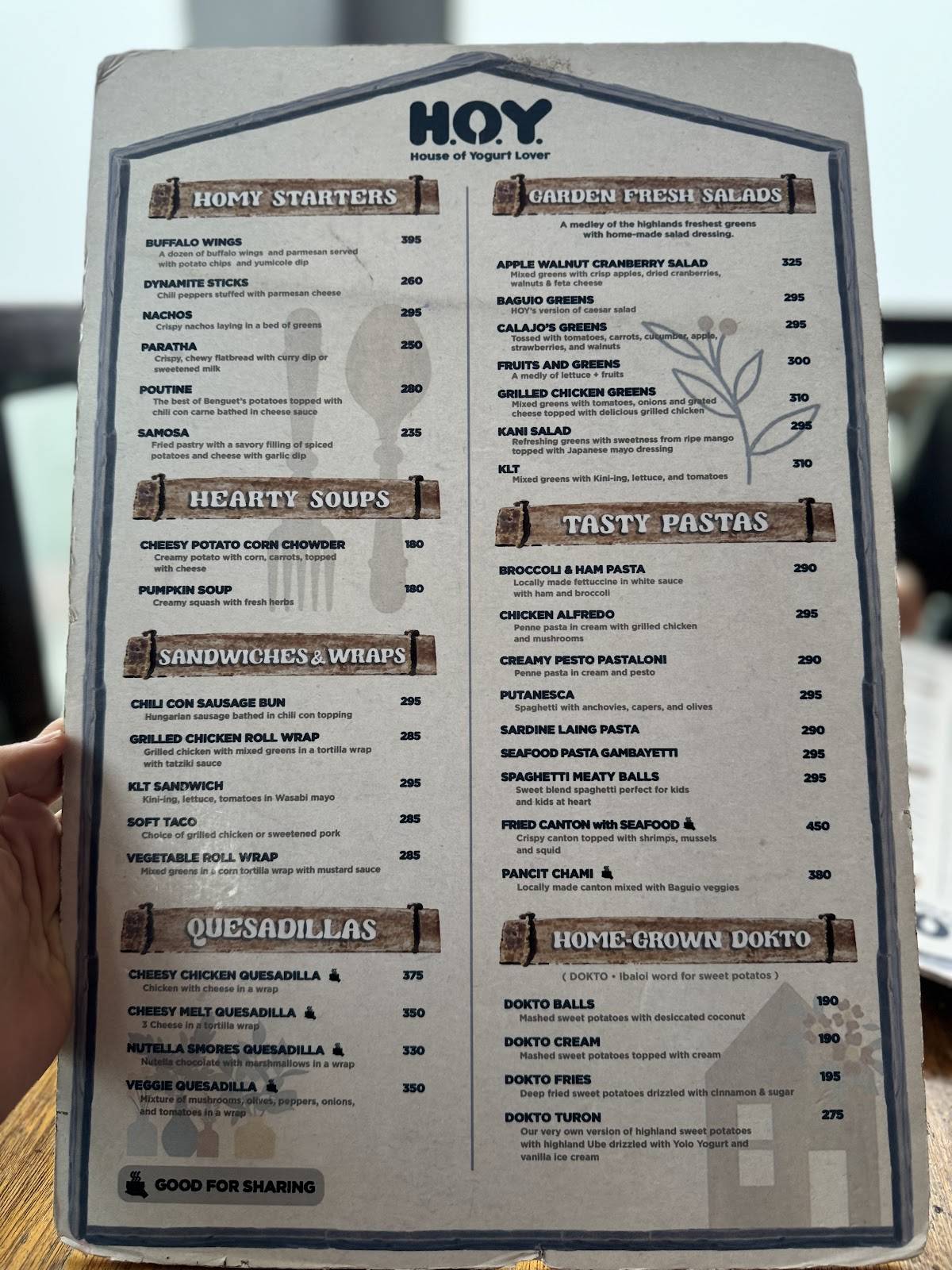 Menu at House of Yogurt Lover (H.O.Y.) restaurant, Baguio