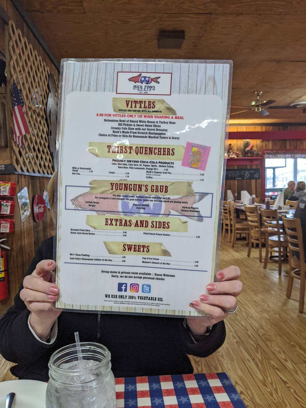 Menu at Huck Finn's Catfish restaurant, Pigeon Forge