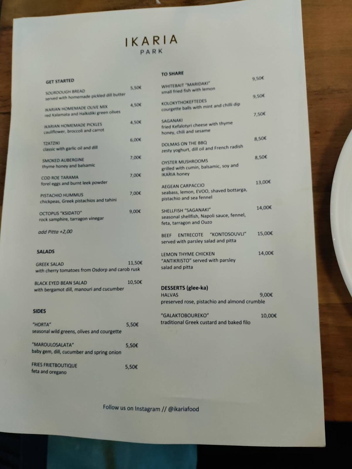 Menu at Ikaria Park, Amsterdam