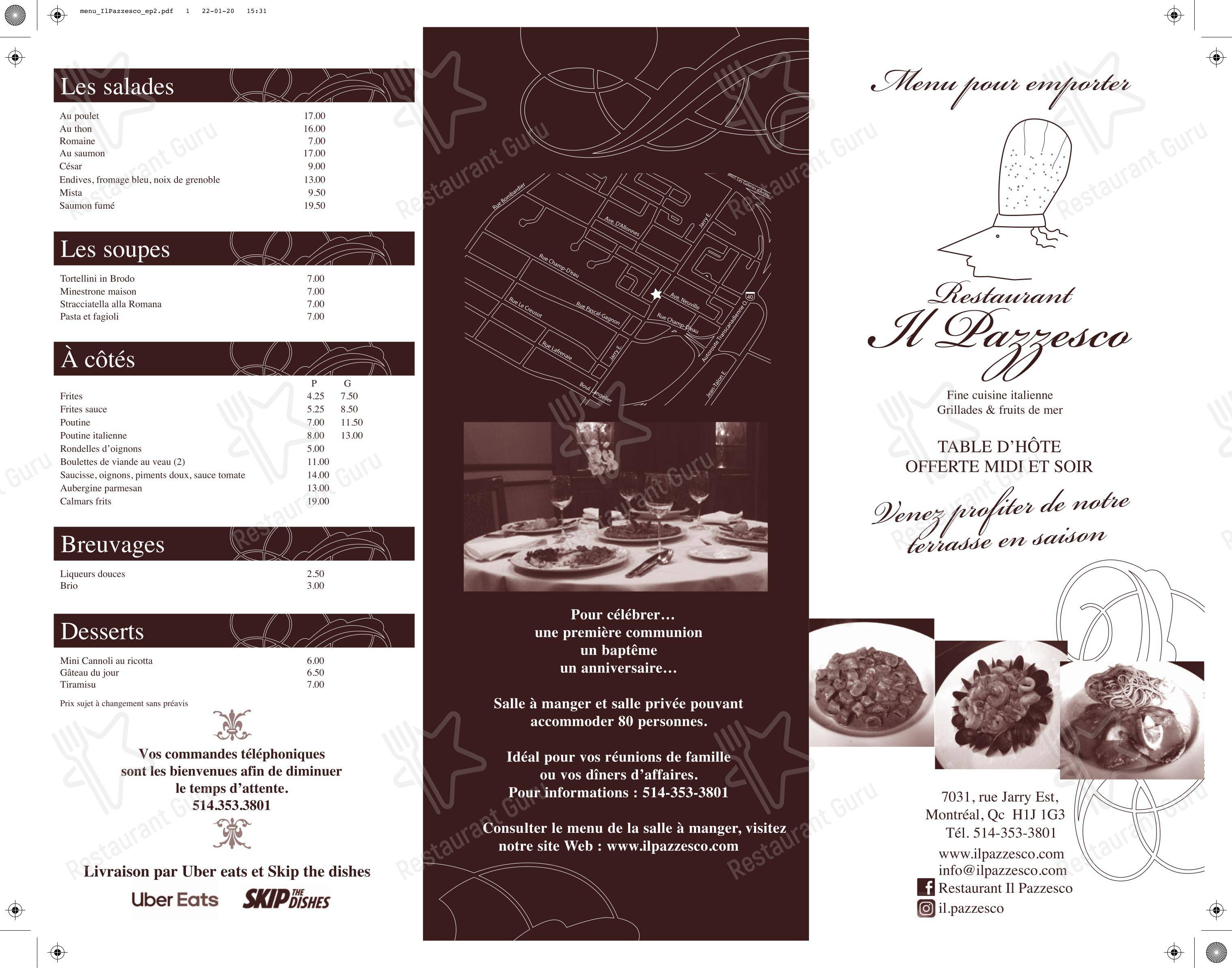 Menu at Restaurant Il Pazzesco, Montréal