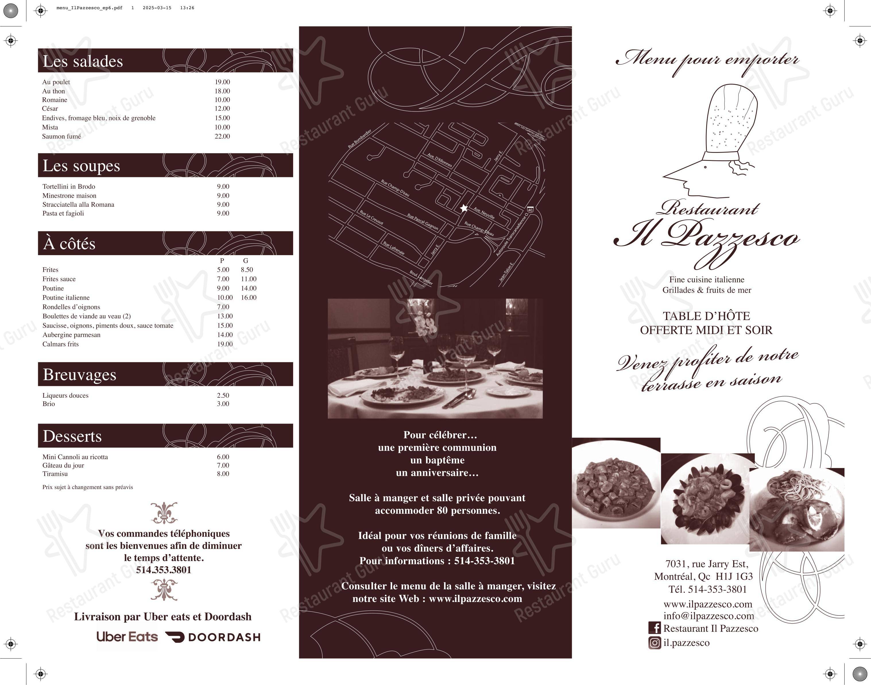 Menu at Restaurant Il Pazzesco, Montréal