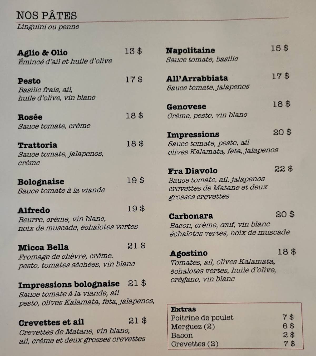 Menu at Impressions Cafe Restaurant, Terrebonne