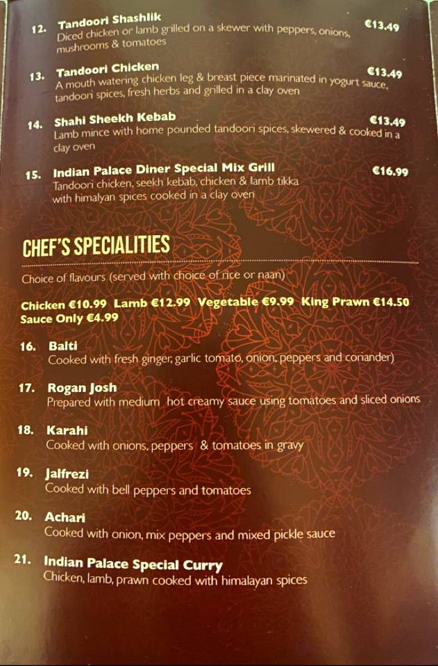 Menu at Indian Palace restaurant, Ireland