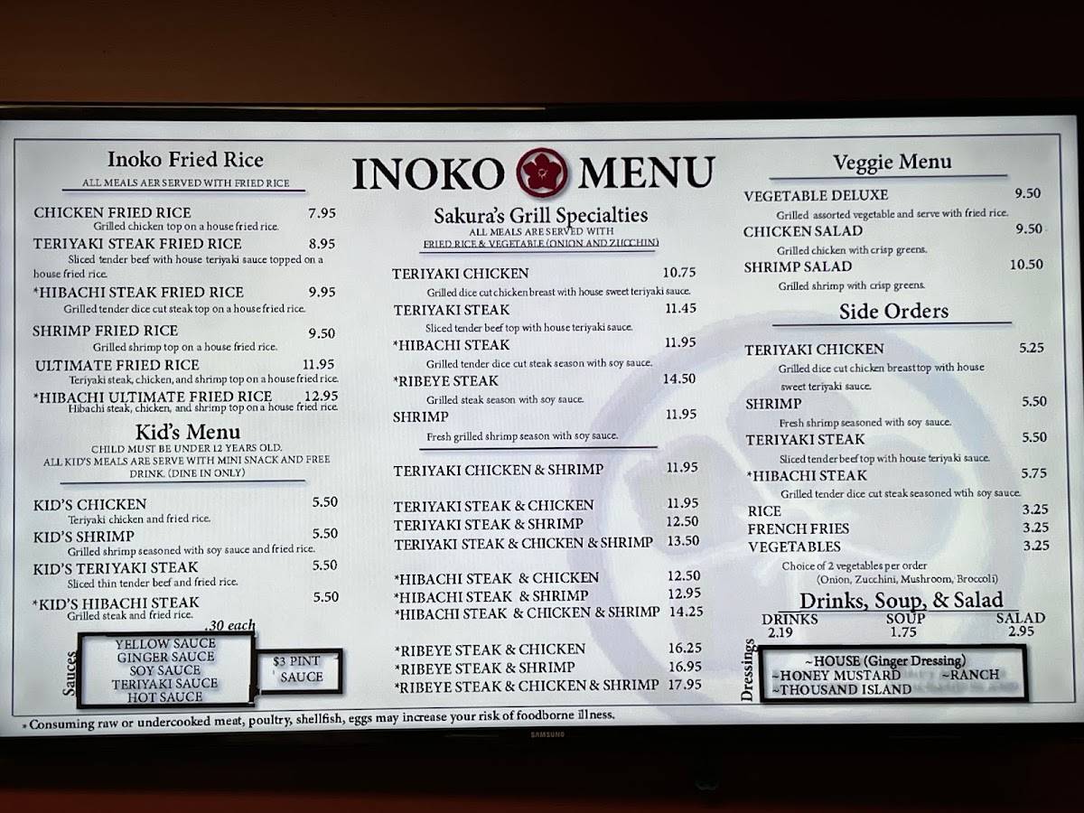 Menu at Inoko Japanese Steakhouse, Winder