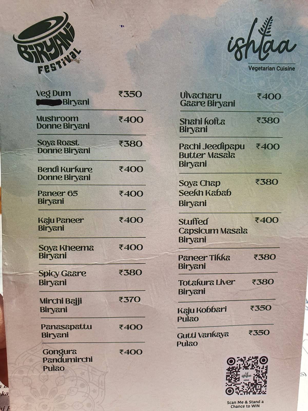 Menu at Ishtaa, Hyderabad