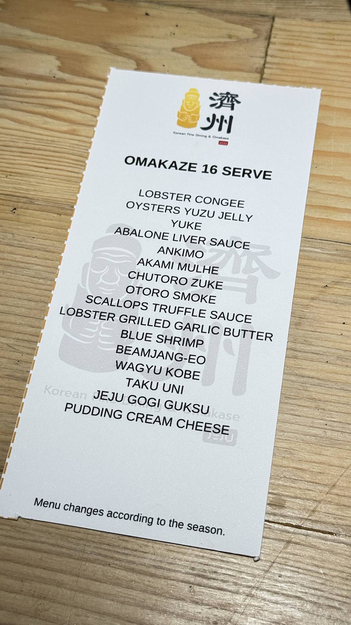 Menu at JEJU Korean Fine Dining & Omakase restaurant, Bangkok