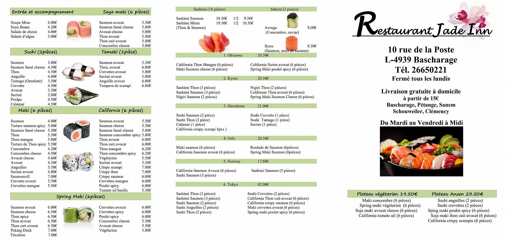 Menu au Restaurant Jade Inn, Käerjeng