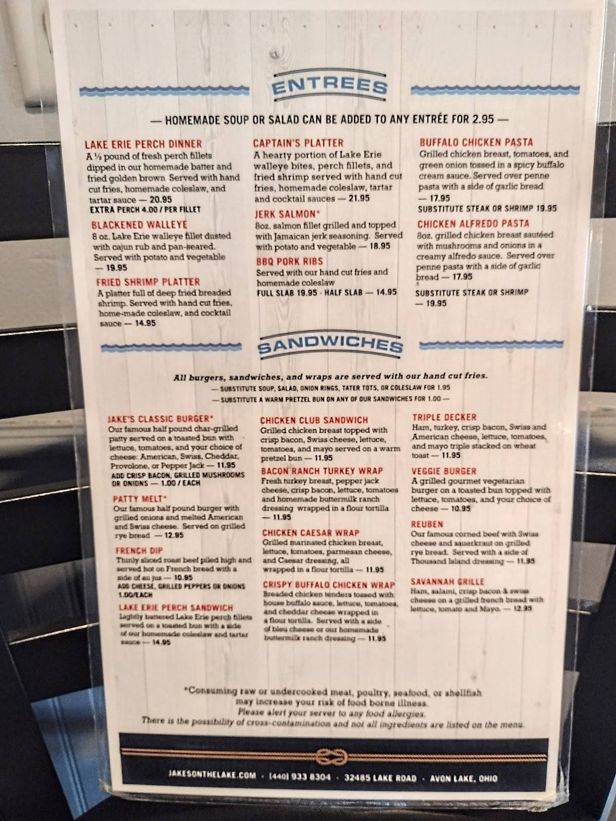 Menu at Jake's On the Lake restaurant, Avon Lake