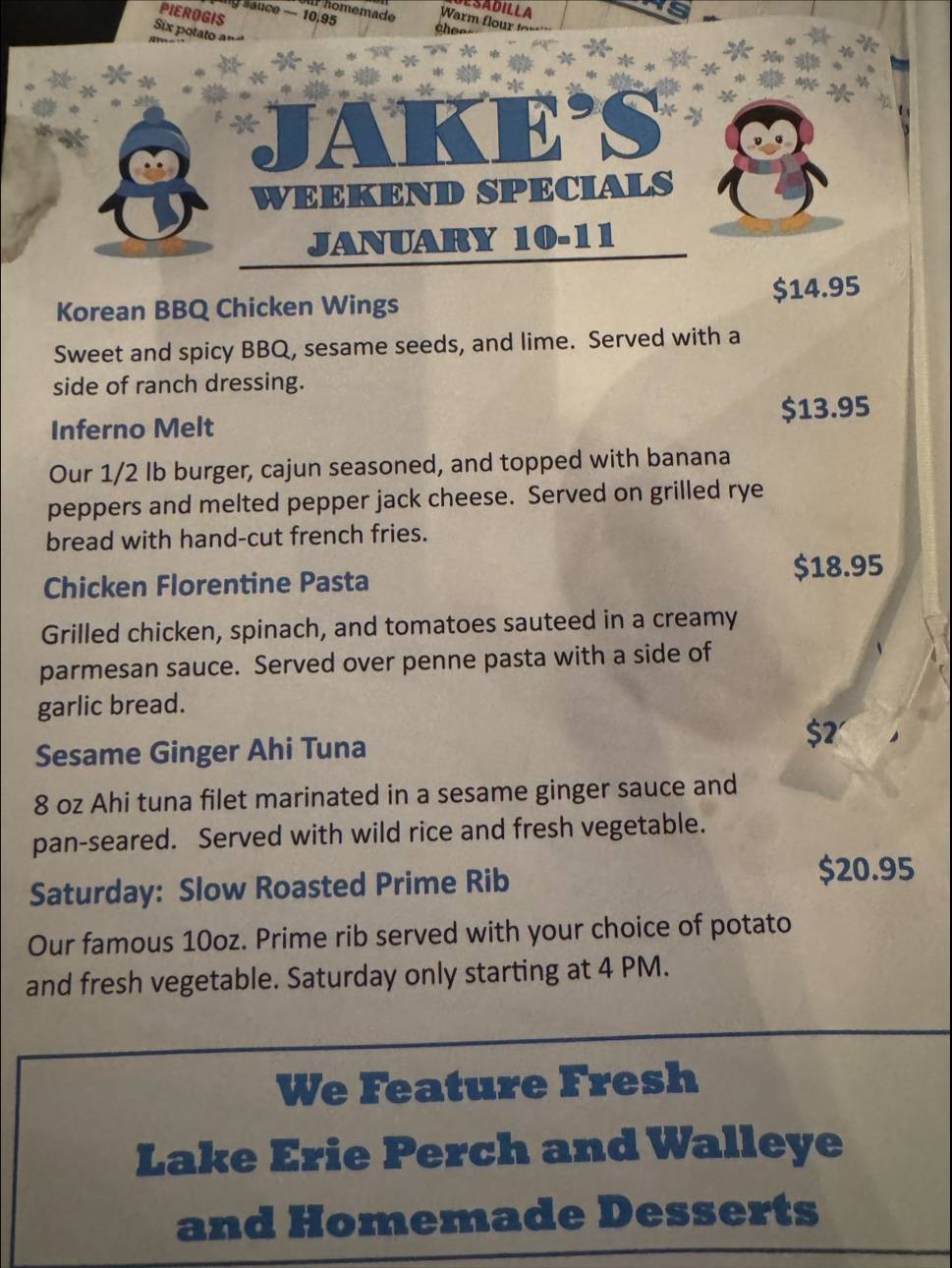 Menu at Jake's On The Lake restaurant, Avon Lake