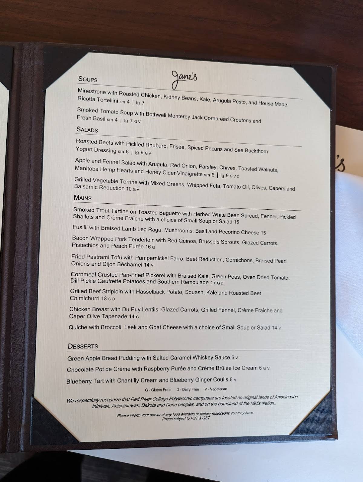 Menu at Jane's restaurant, Winnipeg