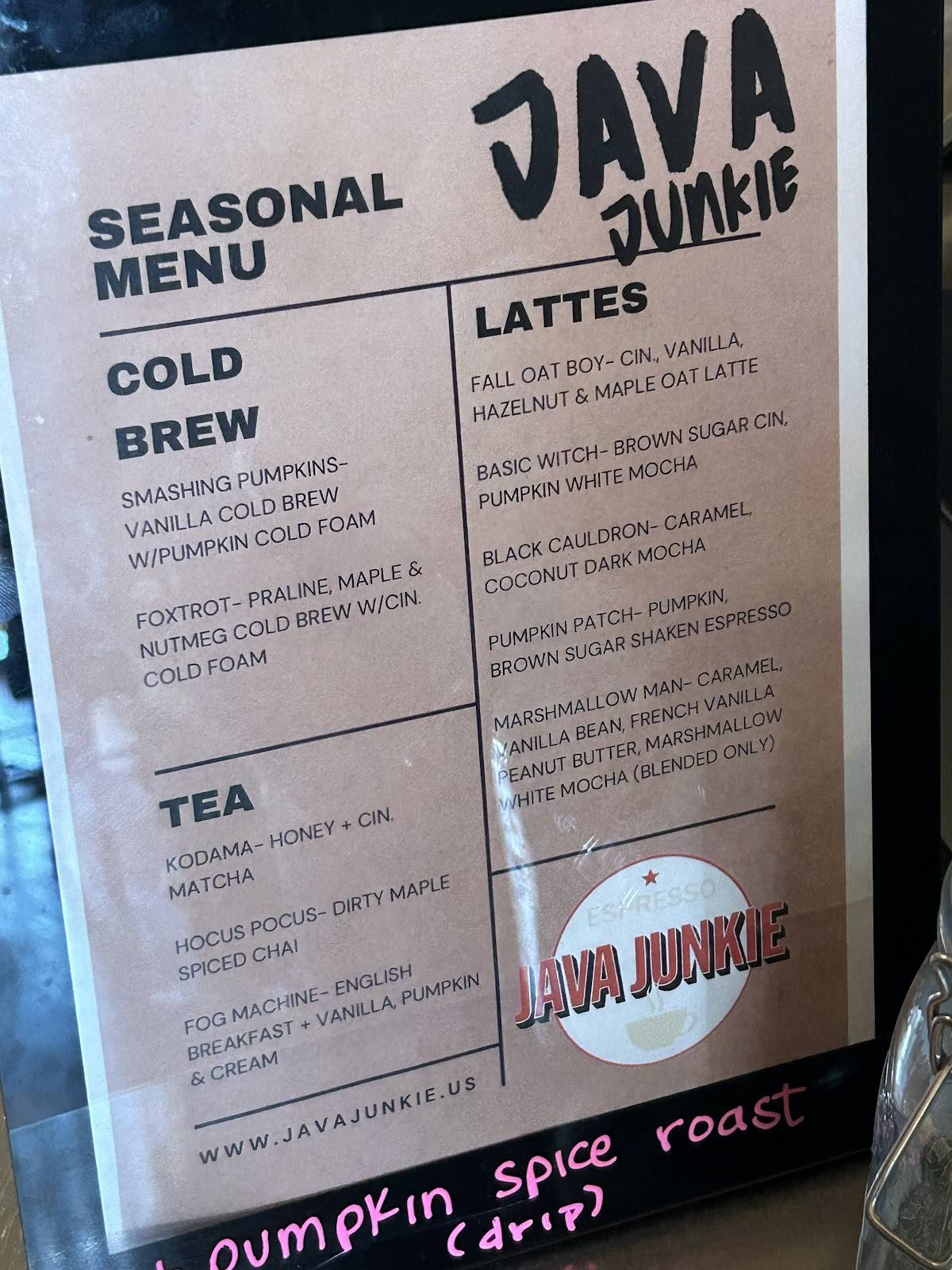 Menu at Java Junkie restaurant, Provo