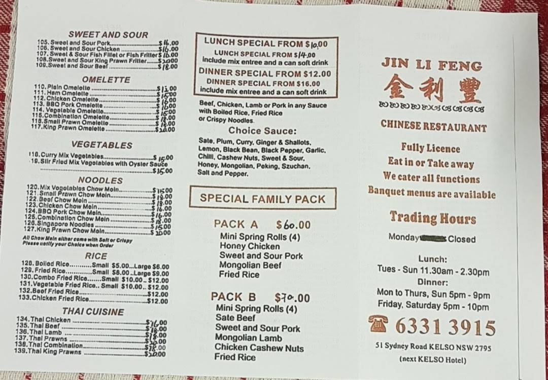 Menu at Jin Li Feng chinese restaurant, Kelso