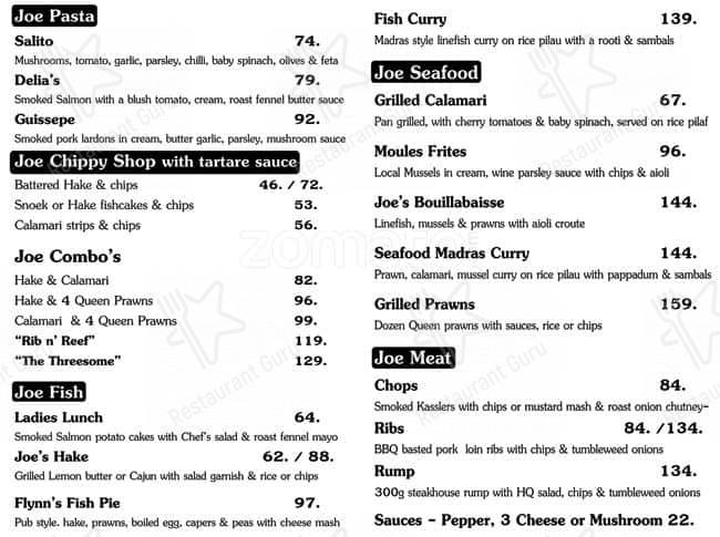 Menu at Joe Fish restaurant, Cape Town, 12 Glen Roy Rd
