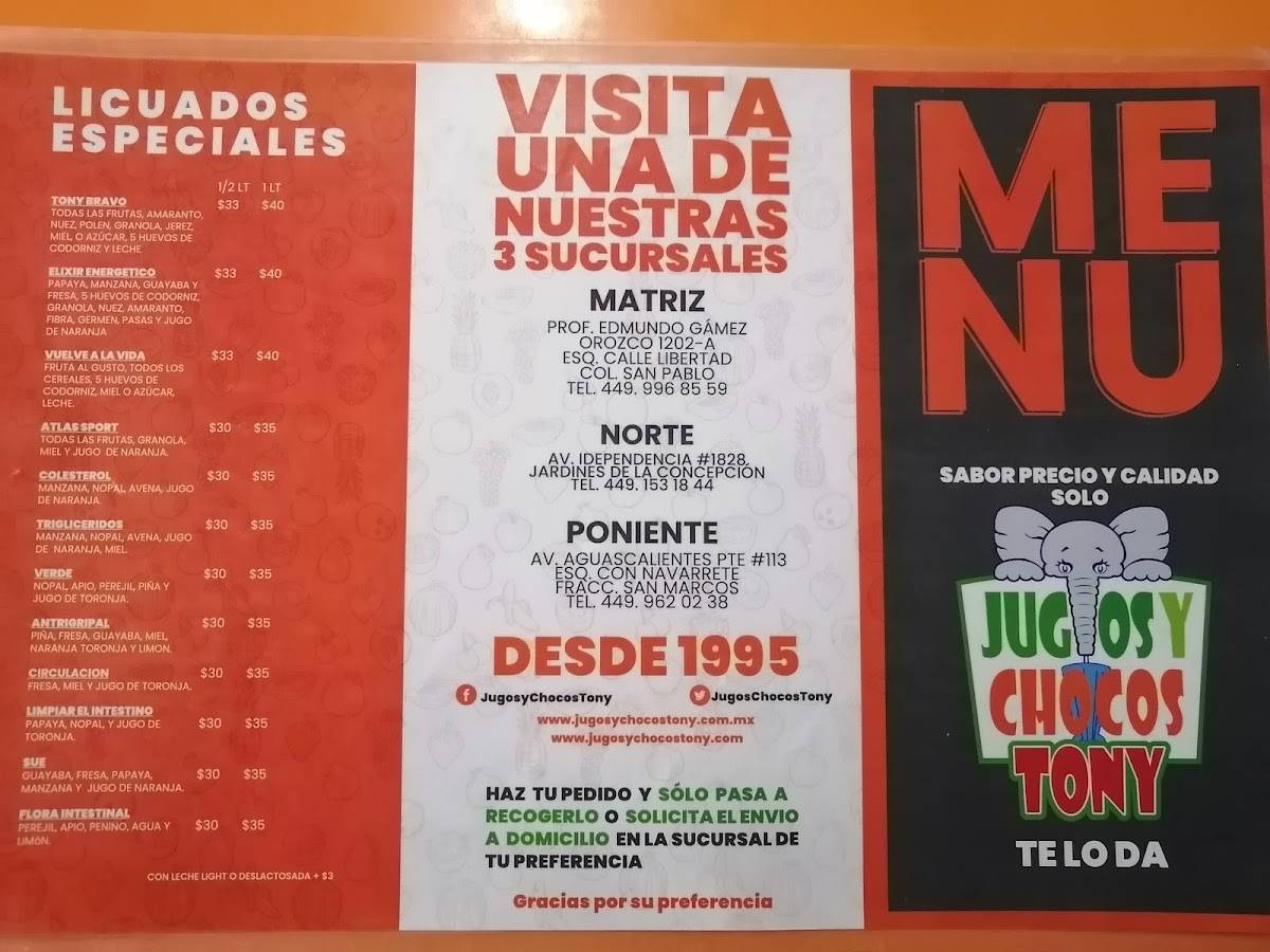 Carta del pub y bar Jugos y Chocos Tony, Aguascalientes, Av ...