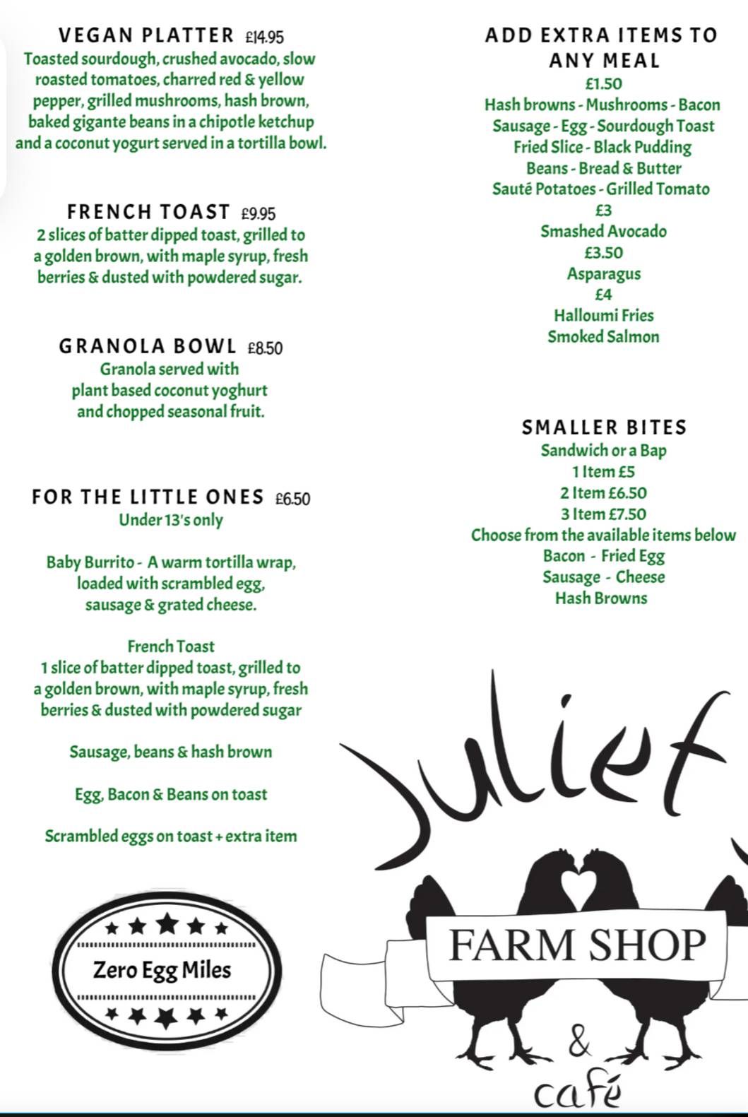 Menu at Juliet's Farm Shop and Cafe, England