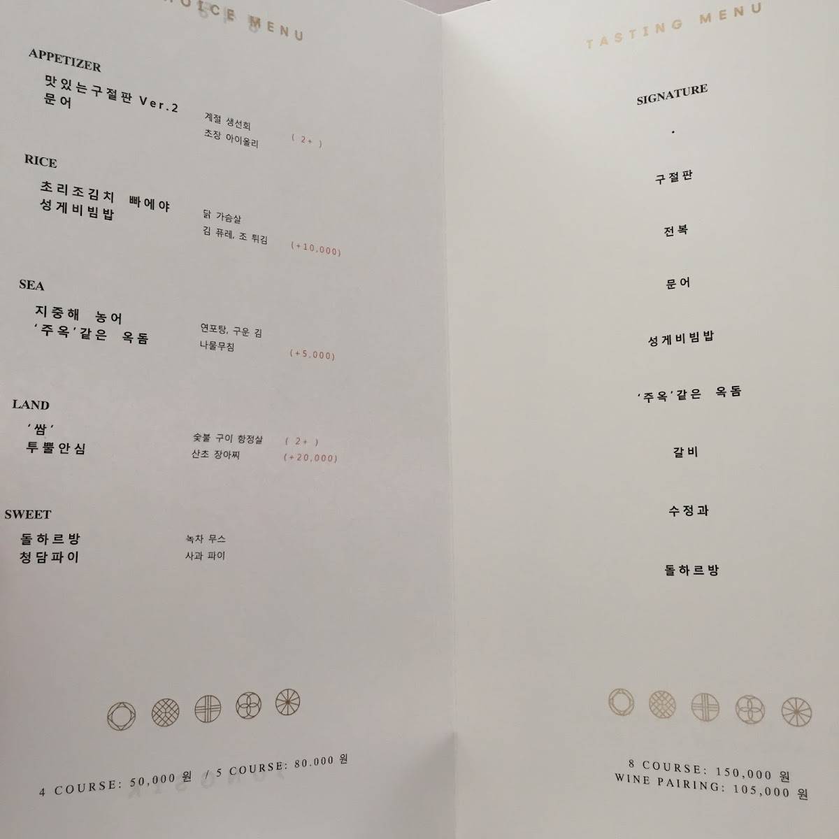 Menu at Jungsik Seoul restaurant, Seoul