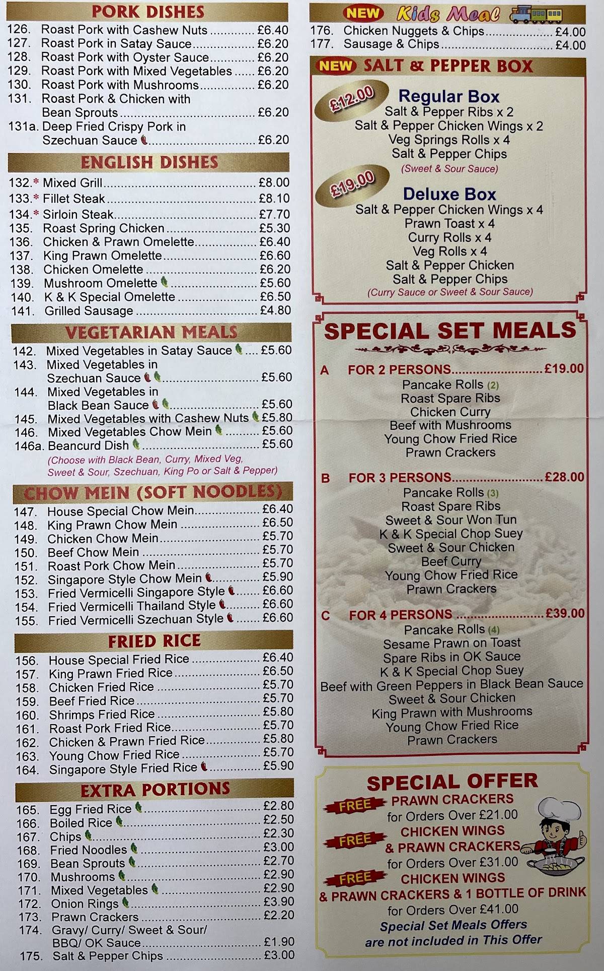 Menu at K & K Chinese Takeaway restaurant, Warmfield
