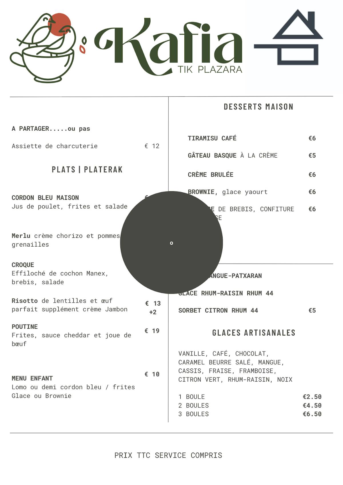 Carta de Restaurant Kafia, Sare