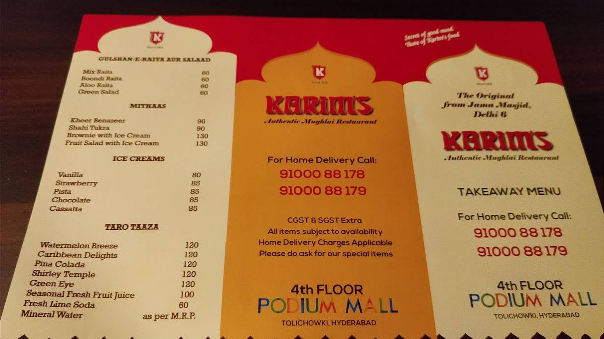 Menu at Karim's - Original from Jama Masjid, Delhi-6. Authentic Mughlai ...