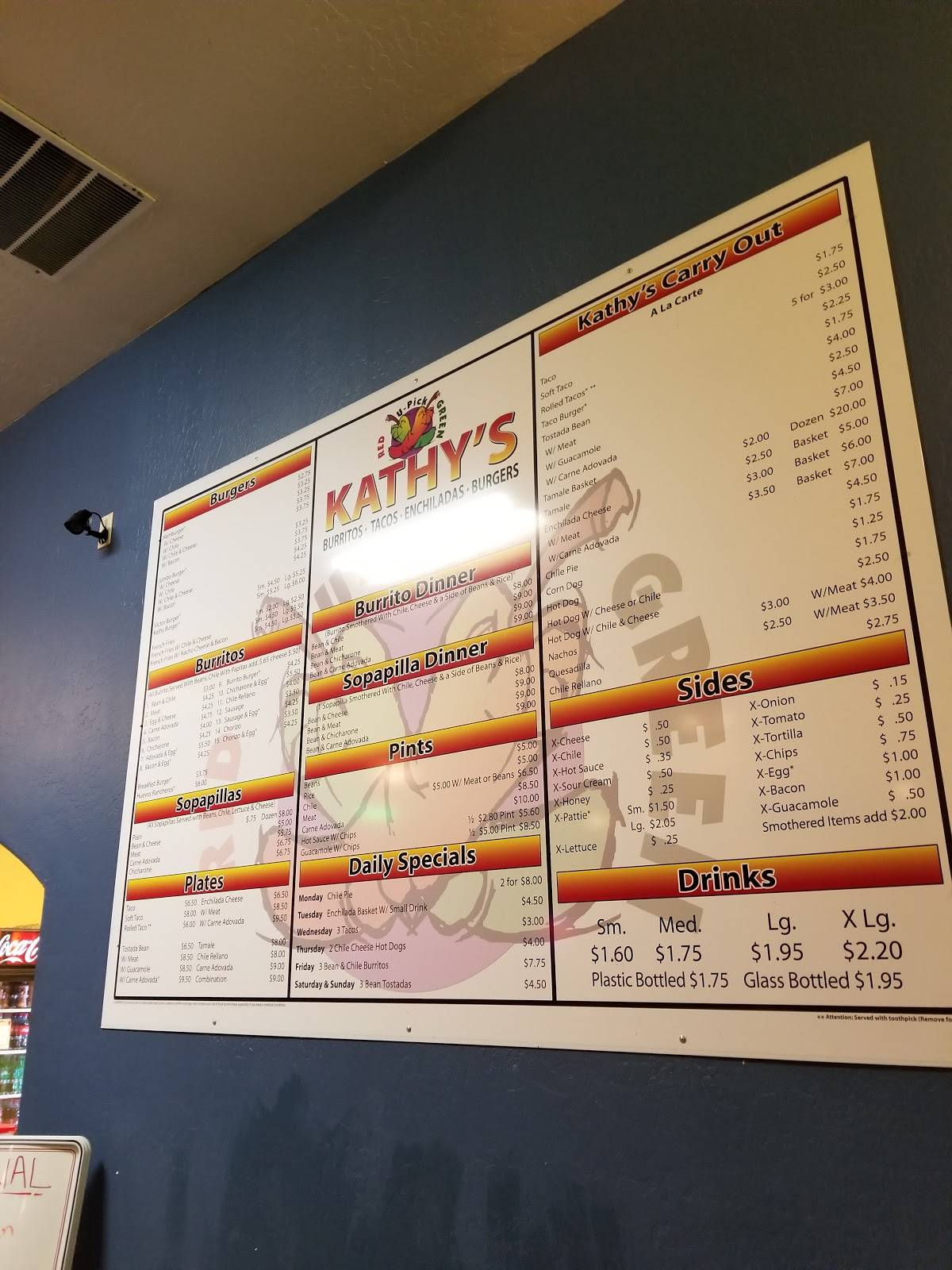 Menu at Kathy's Carry Out restaurant, Albuquerque