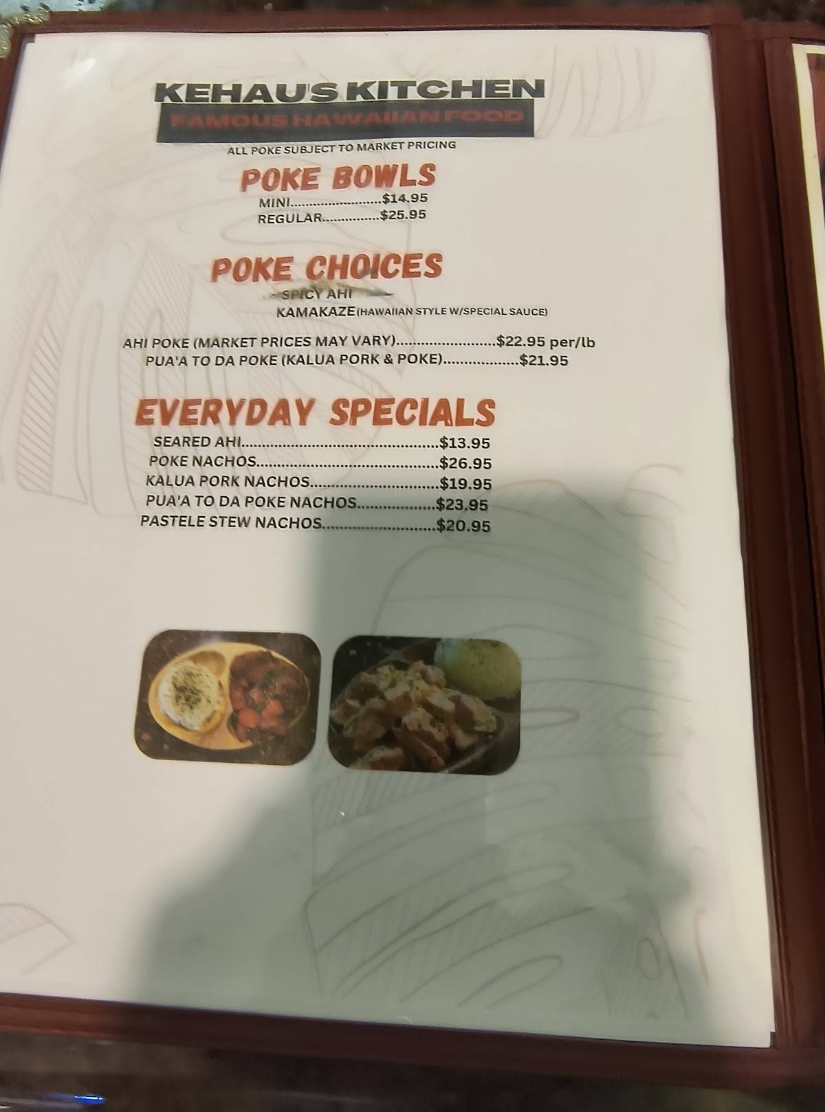 Menu at Kehau's Kitchen restaurant, Aiea, 98-150 Kaonohi St b118
