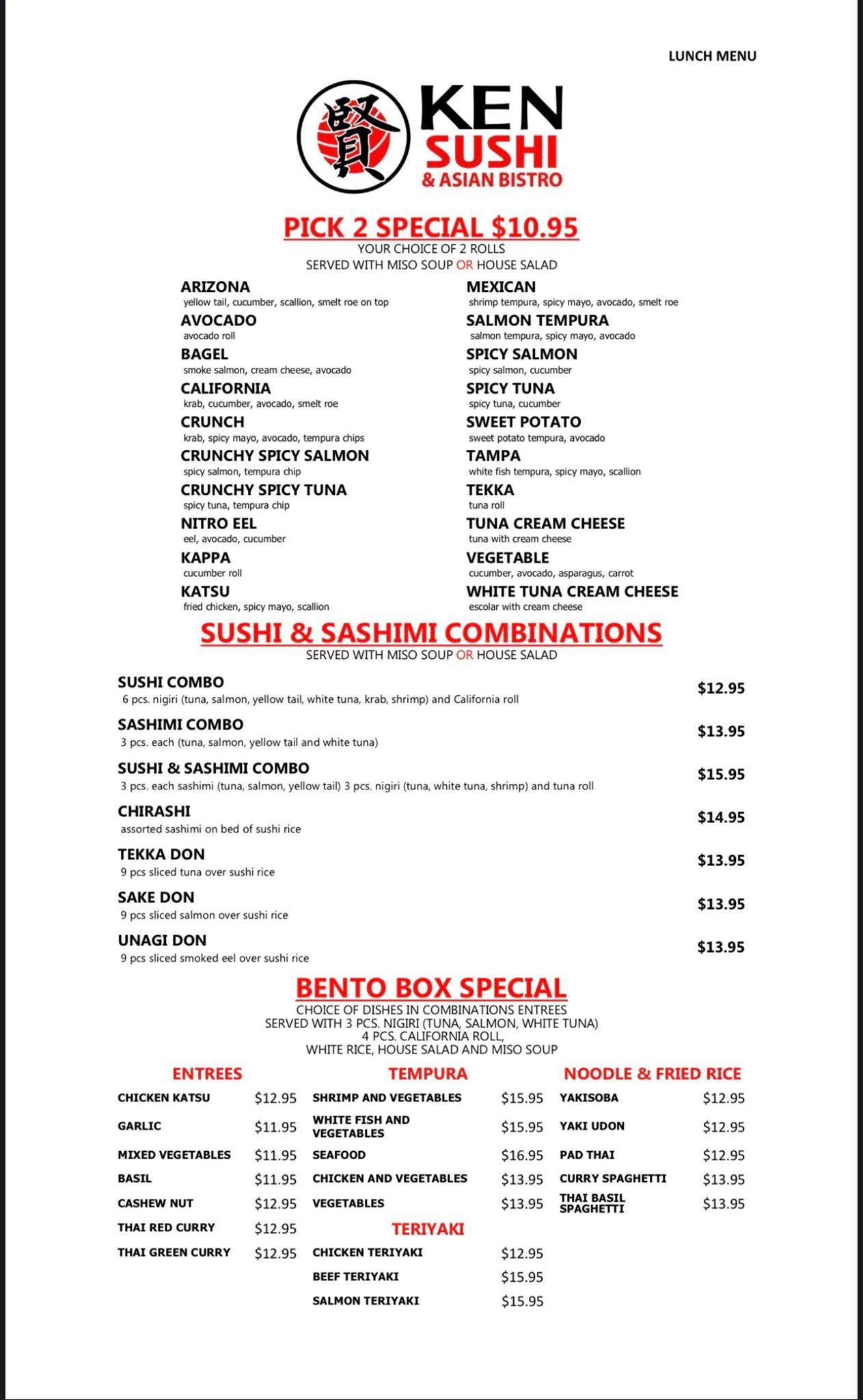 Menu at Ken Sushi & Asian Bistro restaurant, Clearwater, Gulf to Bay Blvd