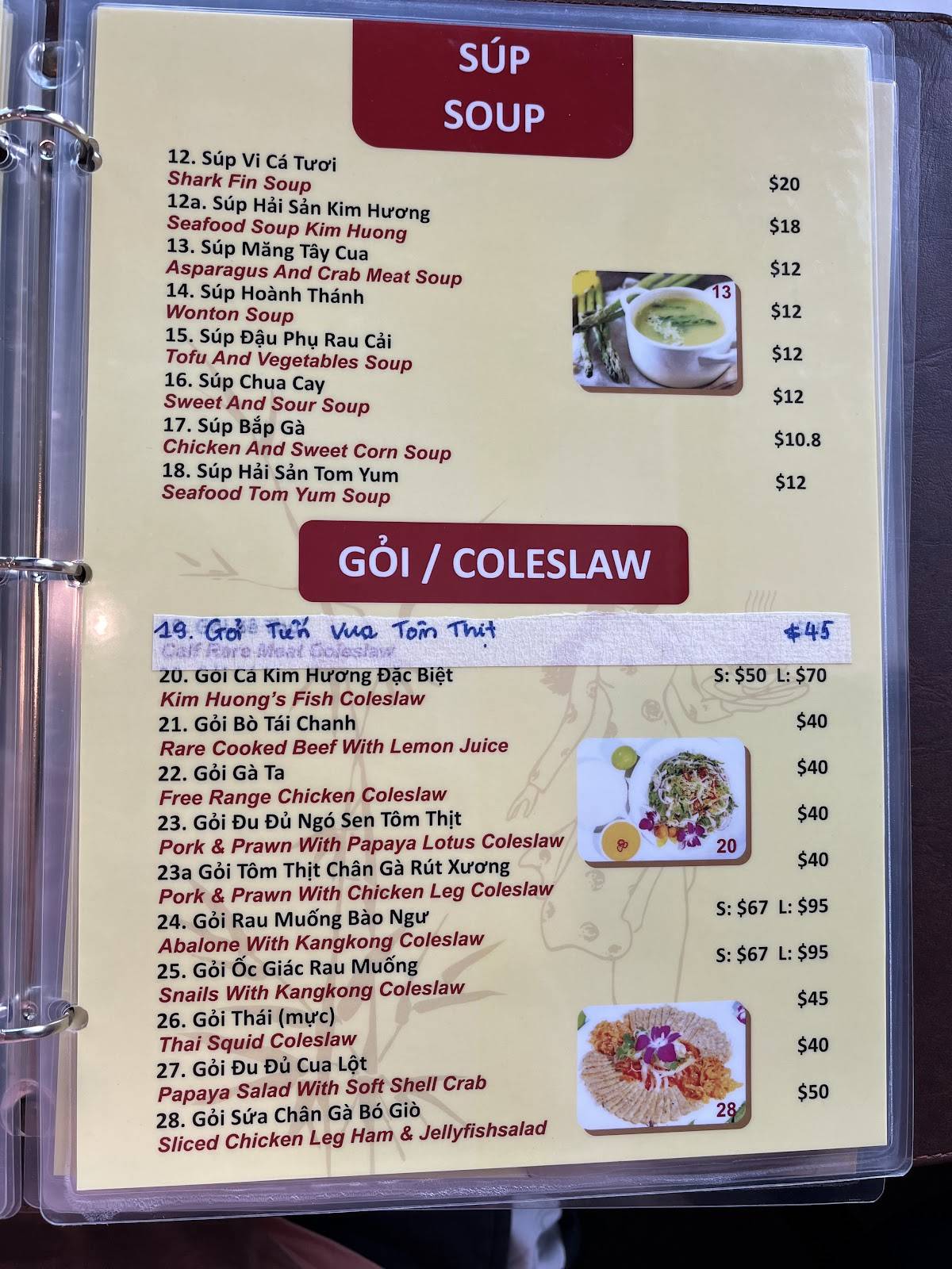 Menu at Kim Huong restaurant, Cairnlea