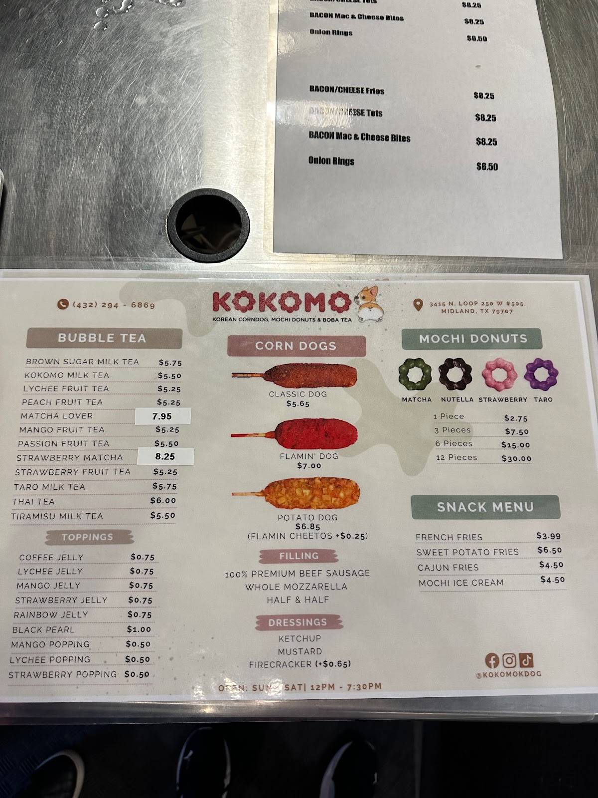 Menu at Kokomo Korean Corn Dog, Mochi Donuts & Boba Tea restaurant, Midland