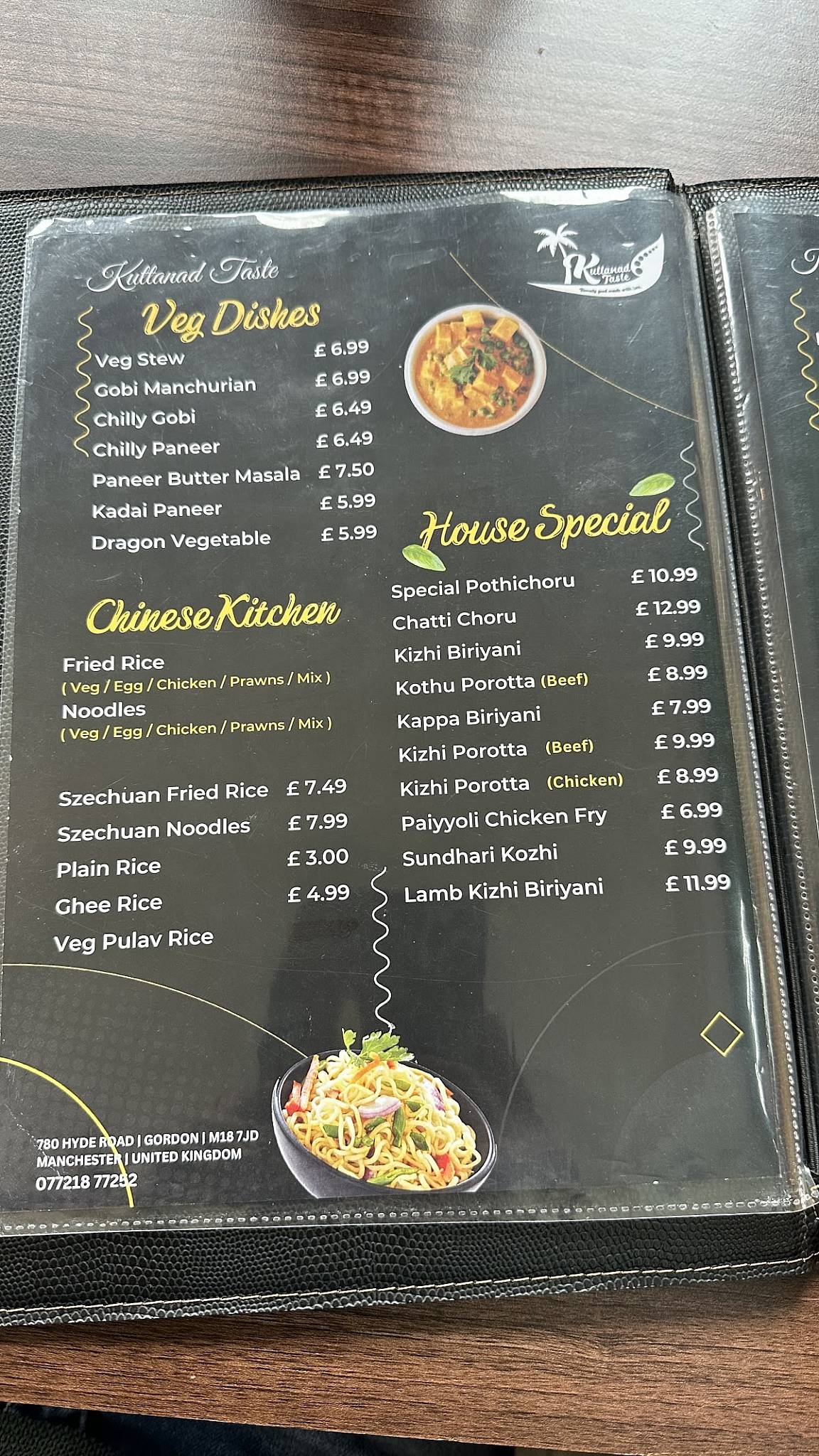 Menu at Kuttanad Taste, a Kerala restaurant, Manchester