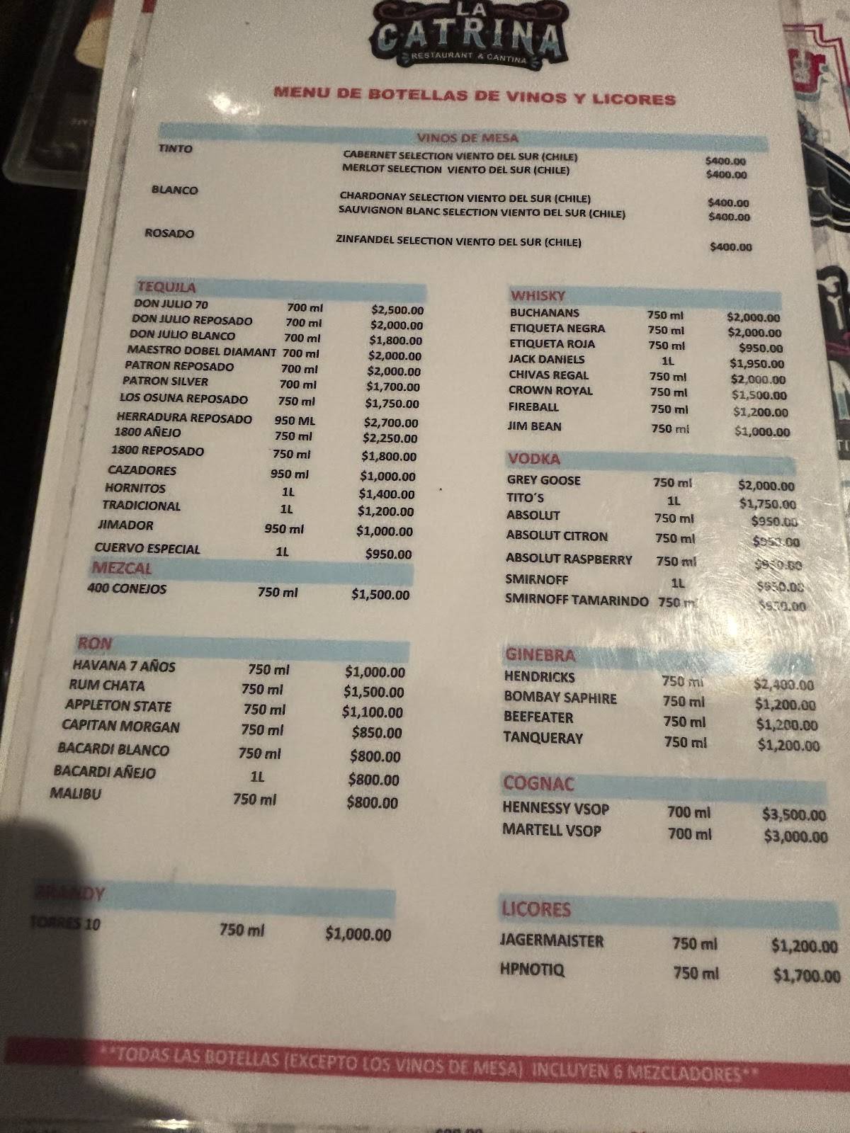Menu at LA CATRINA restaurant, Mazatlán, Av Camarón Sábalo s/n