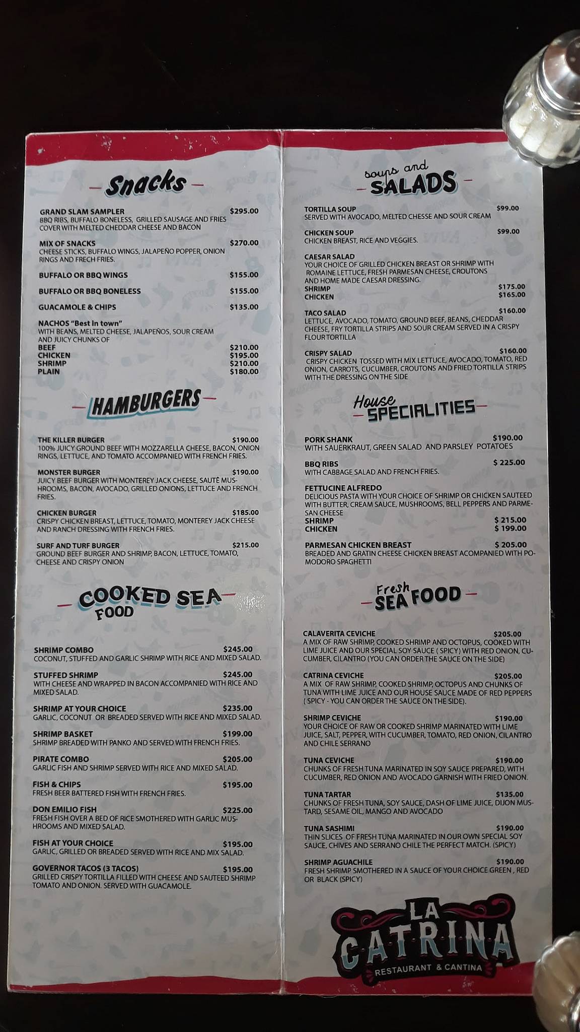 Menu at LA CATRINA restaurant, Mazatlán
